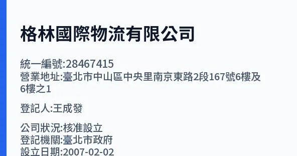 格林國際物流有限公司的照片-統編 28467415(臺北市) 公司登記資料與營業項目詳細圖表