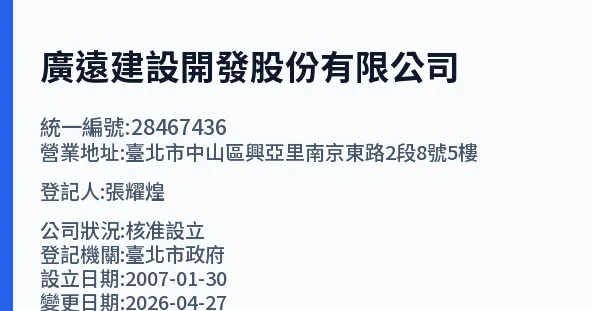 廣遠建設開發股份有限公司的照片-統編 28467436(臺北市) 公司登記資料與營業項目詳細圖表