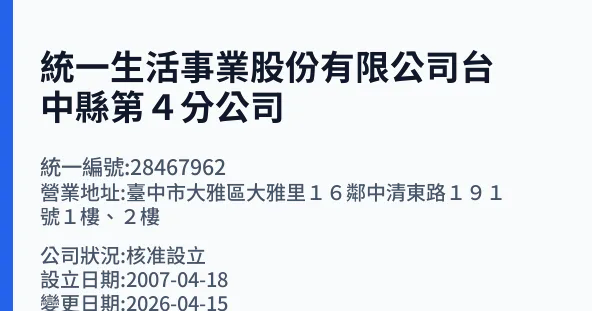 統一生活事業股份有限公司台中縣第４分公司的照片-統編 28467962(臺中市) 公司登記資料與營業項目詳細圖表