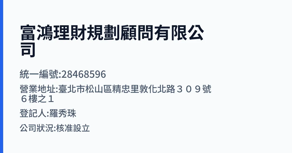 富鴻理財規劃顧問有限公司 - 統編 28468596(臺北市) 公司登記資料與營業項目詳細圖表