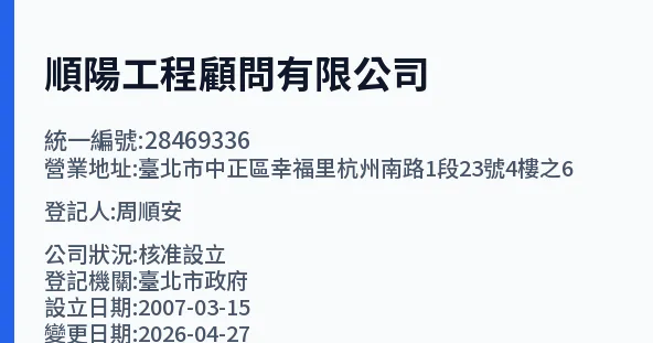 順陽工程顧問有限公司的照片-統編 28469336(臺北市) 公司登記資料與營業項目詳細圖表