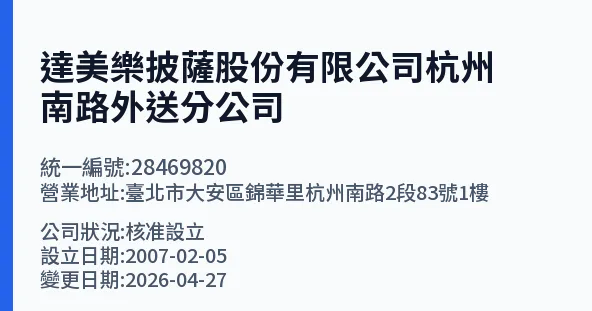 達美樂披薩股份有限公司杭州南路外送分公司的照片-統編 28469820(臺北市) 公司登記資料與營業項目詳細圖表