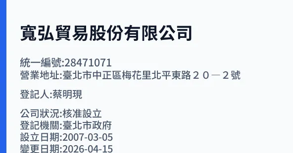 寬弘貿易股份有限公司的照片-統編 28471071(臺北市) 公司登記資料與營業項目詳細圖表