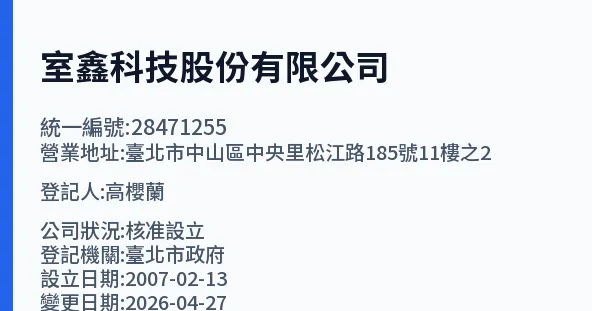 室鑫科技股份有限公司的照片-統編 28471255(臺北市) 公司登記資料與營業項目詳細圖表