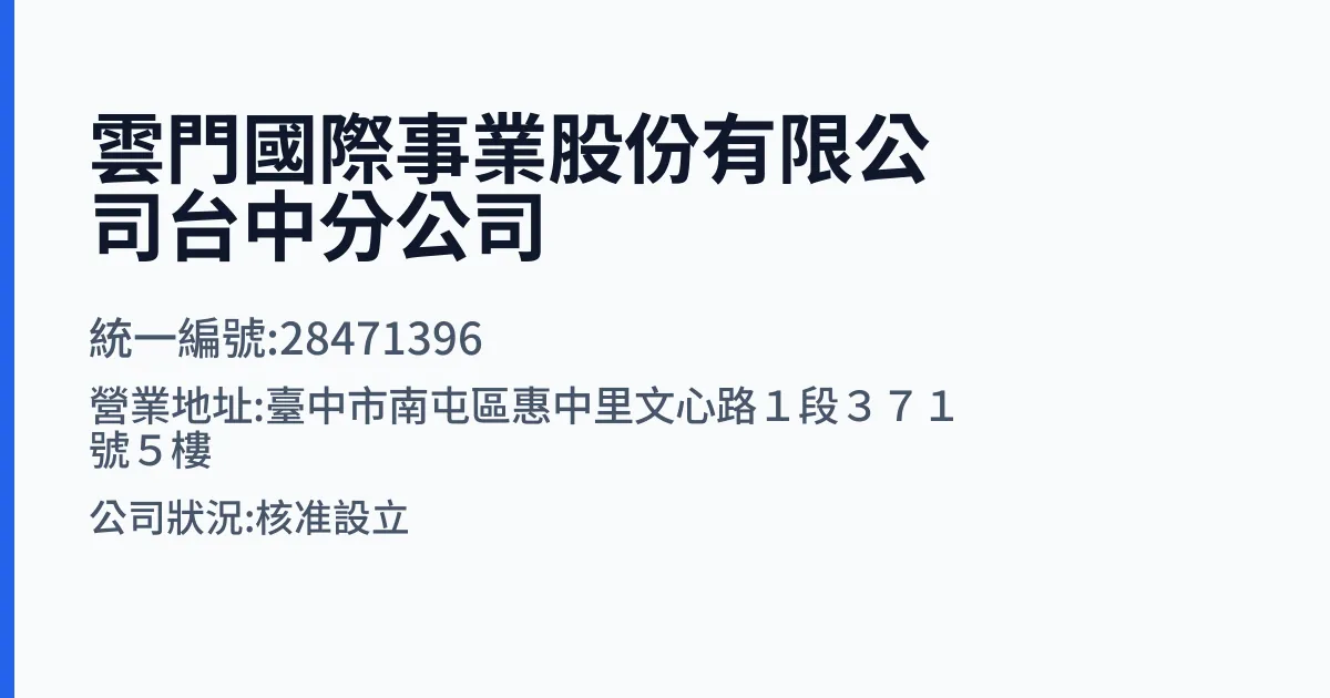 雲門國際事業股份有限公司台中分公司 - 統編 28471396(臺中市) 公司登記資料與營業項目詳細圖表