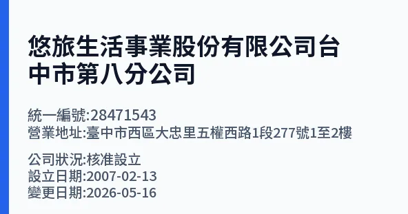 悠旅生活事業股份有限公司台中市第八分公司的照片-統編 28471543(臺中市) 公司登記資料與營業項目詳細圖表