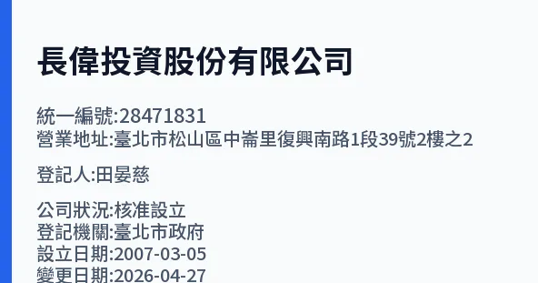 長偉投資股份有限公司的照片-統編 28471831(臺北市) 公司登記資料與營業項目詳細圖表