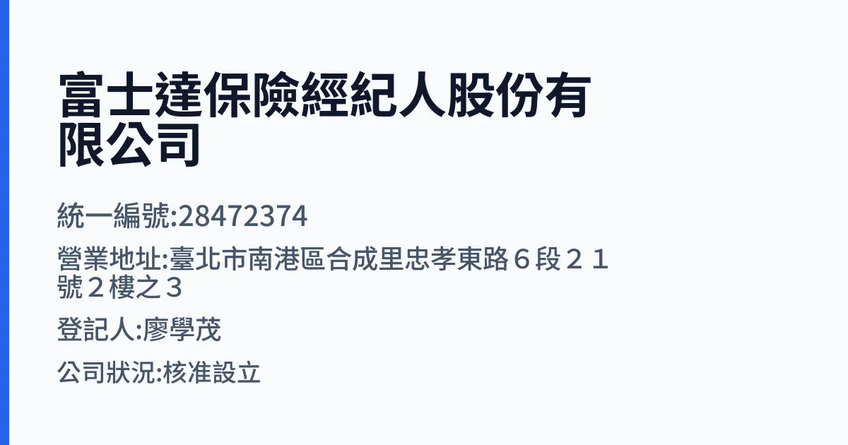 富士達保險經紀人股份有限公司 - 統編 28472374(臺北市) 公司登記資料與營業項目詳細圖表