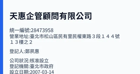 天惠企管顧問有限公司的照片-統編 28473958(臺北市) 公司登記資料與營業項目詳細圖表