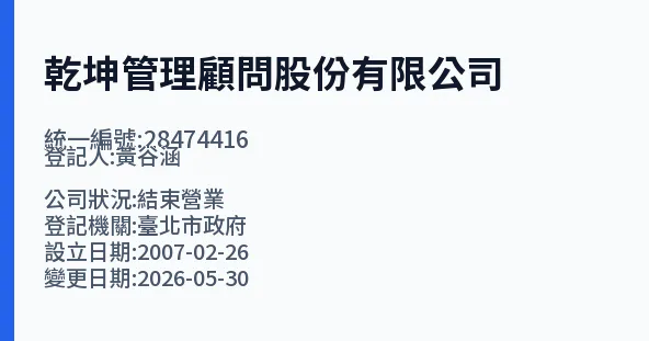 乾坤管理顧問股份有限公司的照片-統編 28474416 公司登記資料與營業項目詳細圖表