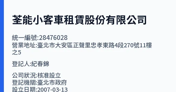 荃能小客車租賃股份有限公司的照片-統編 28476028(臺北市) 公司登記資料與營業項目詳細圖表