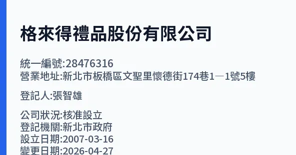 格來得禮品股份有限公司的照片-統編 28476316(新北市) 公司登記資料與營業項目詳細圖表