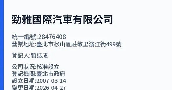 勁雅國際汽車有限公司的照片-統編 28476408(臺北市) 公司登記資料與營業項目詳細圖表