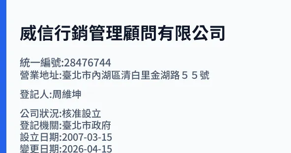 威信行銷管理顧問有限公司的照片-統編 28476744(臺北市) 公司登記資料與營業項目詳細圖表
