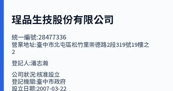 珵品生技股份有限公司的照片-統編 28477336(臺中市) 公司登記資料與營業項目詳細圖表