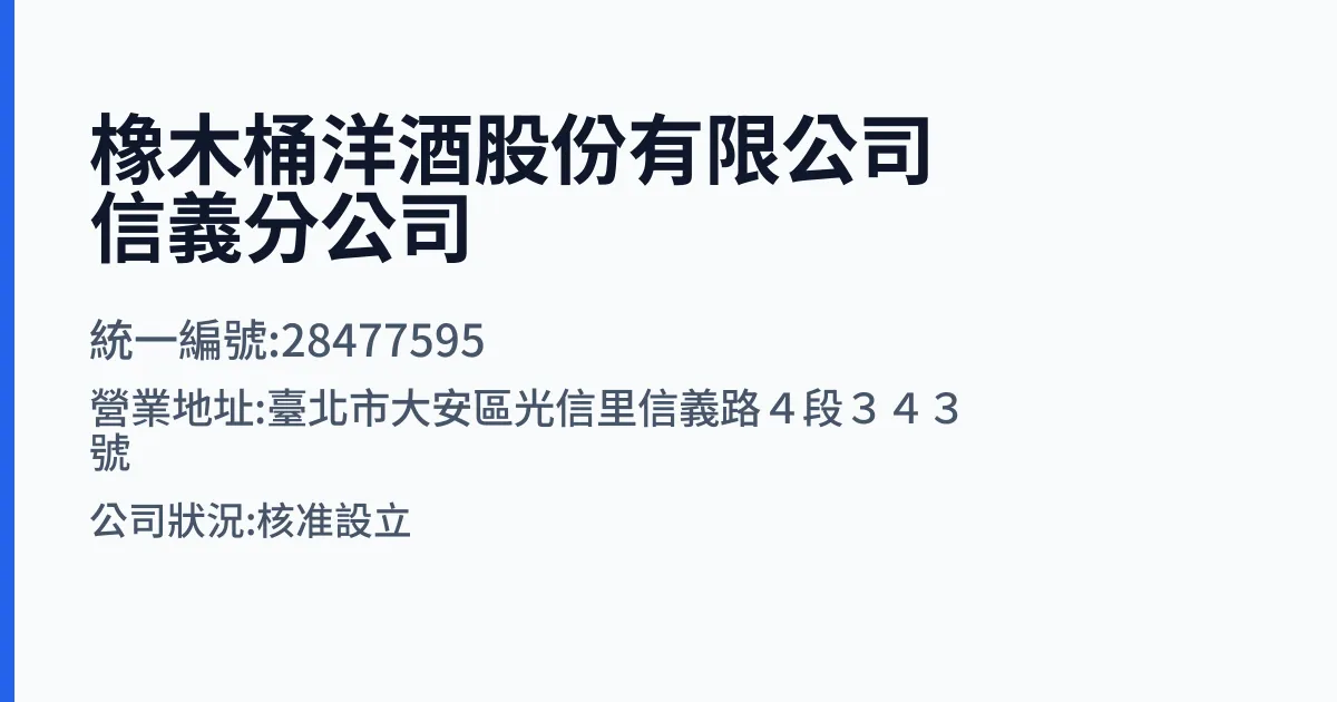 橡木桶洋酒股份有限公司信義分公司 - 統編 28477595(臺北市) 公司登記資料與營業項目詳細圖表