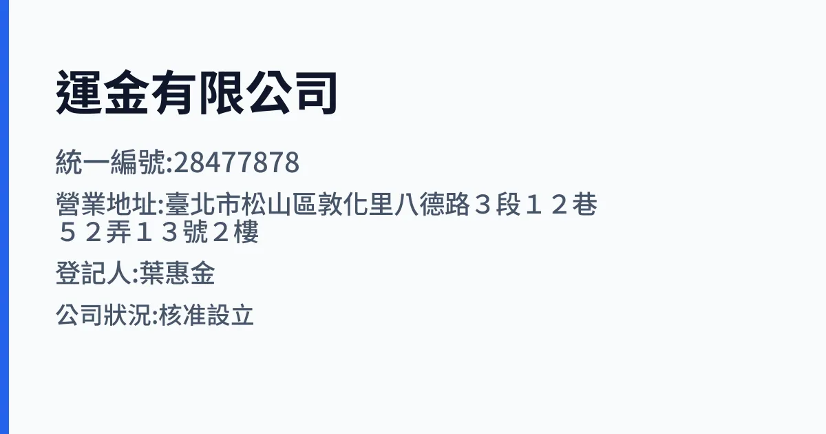 運金有限公司 - 統編 28477878(臺北市) 公司登記資料與營業項目詳細圖表