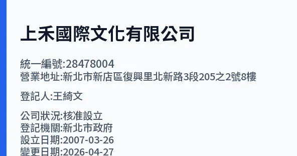 上禾國際文化有限公司的照片-統編 28478004(新北市) 公司登記資料與營業項目詳細圖表