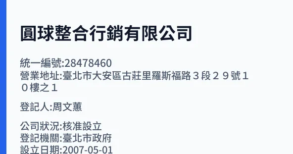 圓球整合行銷有限公司的照片-統編 28478460(臺北市) 公司登記資料與營業項目詳細圖表