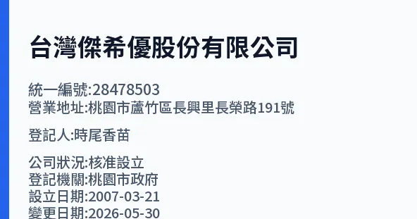 台灣傑希優股份有限公司的照片-統編 28478503(桃園市) 公司登記資料與營業項目詳細圖表