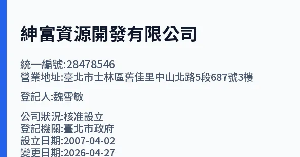 紳富資源開發有限公司的照片-統編 28478546(臺北市) 公司登記資料與營業項目詳細圖表