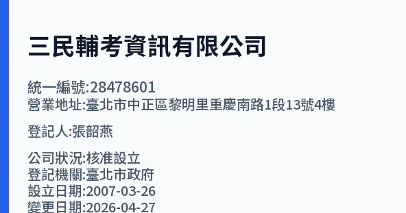 三民輔考資訊有限公司的照片-統編 28478601(臺北市) 公司登記資料與營業項目詳細圖表