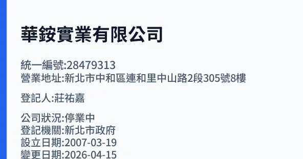 華銨實業有限公司的照片-統編 28479313(新北市) 公司登記資料與營業項目詳細圖表