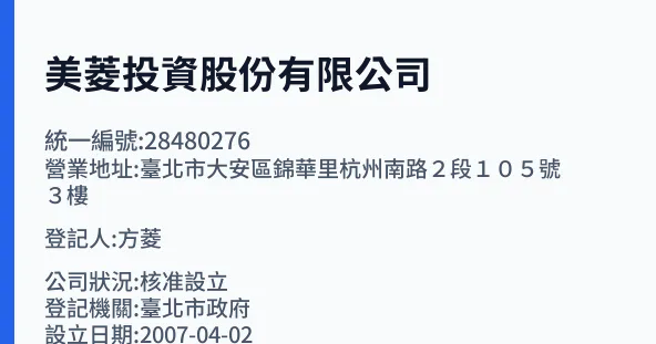 美菱投資股份有限公司的照片-統編 28480276(臺北市) 公司登記資料與營業項目詳細圖表