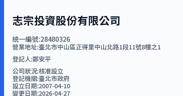 志宗投資股份有限公司的照片-統編 28480326(臺北市) 公司登記資料與營業項目詳細圖表