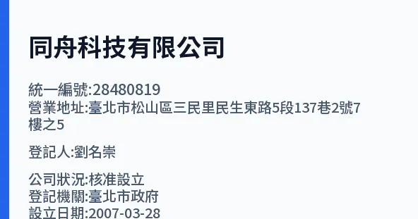 同舟科技有限公司的照片-統編 28480819(臺北市) 公司登記資料與營業項目詳細圖表