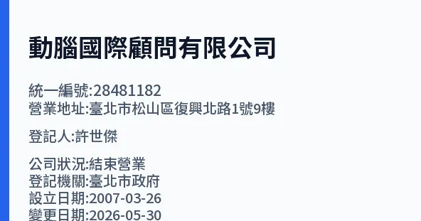 動腦國際顧問有限公司的照片-統編 28481182(臺北市) 公司登記資料與營業項目詳細圖表