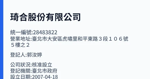 琦合股份有限公司的照片-統編 28483822(臺北市) 公司登記資料與營業項目詳細圖表