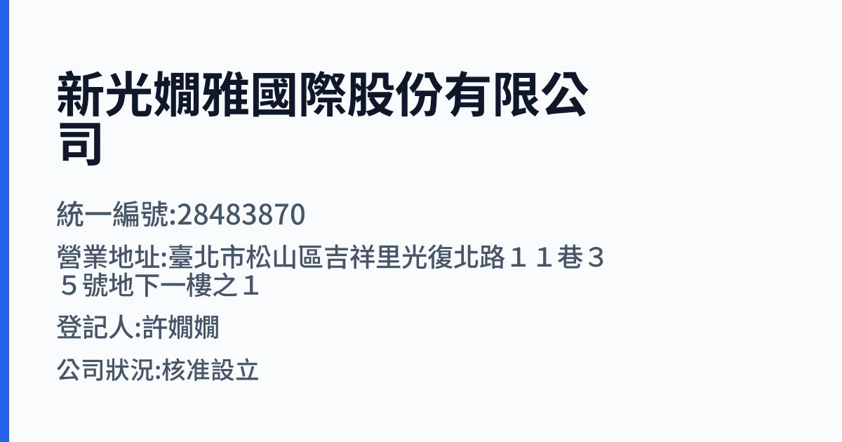新光嫺雅國際股份有限公司 - 統編 28483870(臺北市) 公司登記資料與營業項目詳細圖表