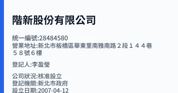 階新股份有限公司的照片-統編 28484580(新北市) 公司登記資料與營業項目詳細圖表