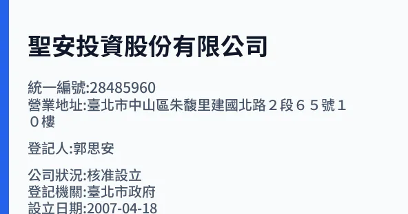 聖安投資股份有限公司的照片-統編 28485960(臺北市) 公司登記資料與營業項目詳細圖表