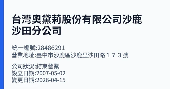 台灣奧黛莉股份有限公司沙鹿沙田分公司的照片-統編 28486291(臺中市) 公司登記資料與營業項目詳細圖表