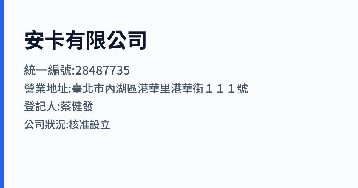 安卡有限公司 - 統編 28487735(臺北市) 公司登記資料與營業項目詳細圖表