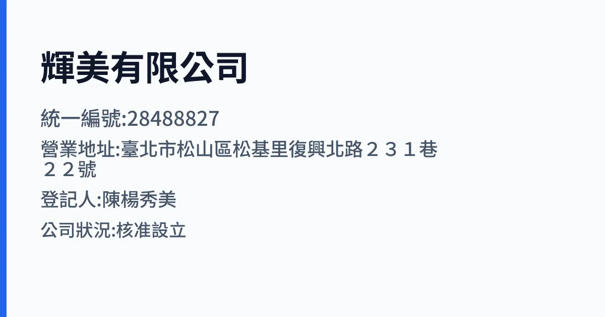 輝美有限公司 - 統編 28488827(臺北市) 公司登記資料與營業項目詳細圖表