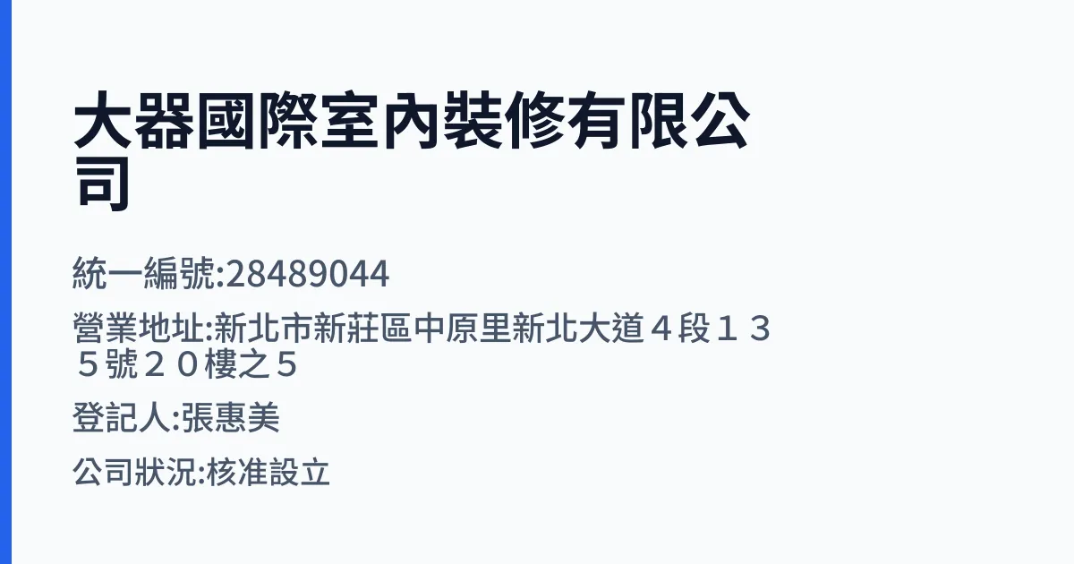 大器國際室內裝修有限公司 - 統編 28489044(新北市) 公司登記資料與營業項目詳細圖表
