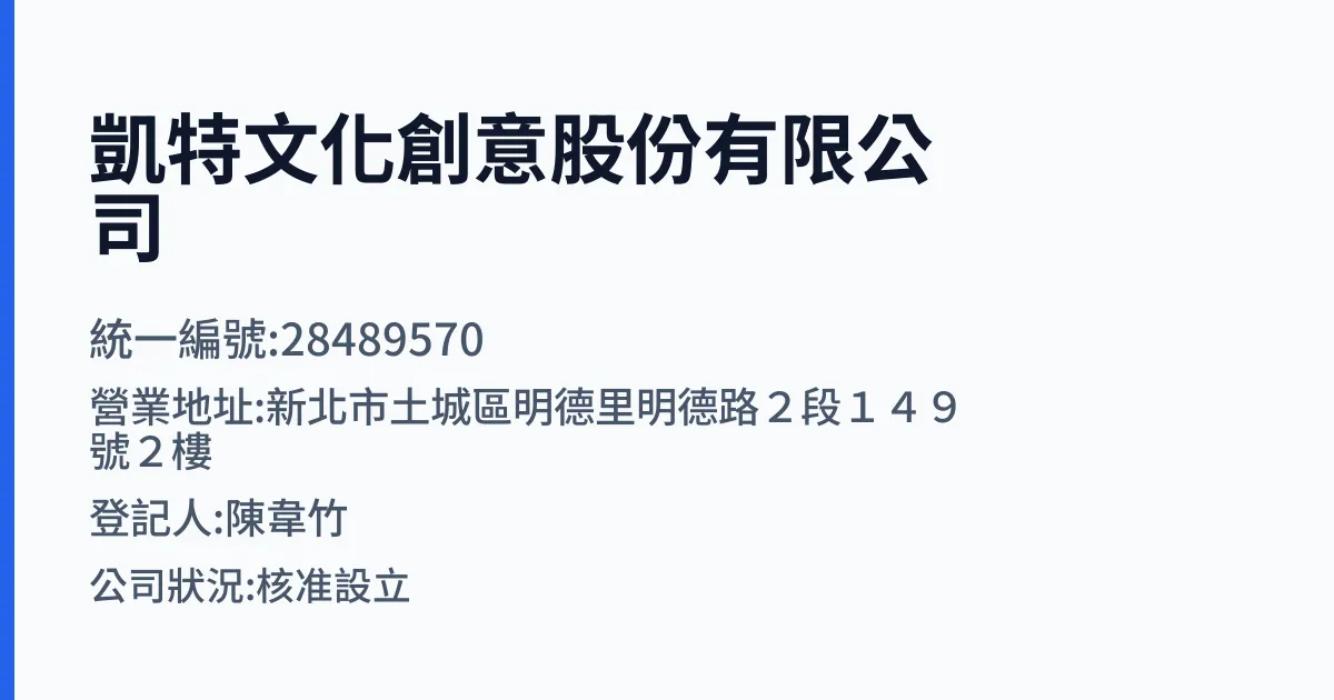 凱特文化創意股份有限公司 - 統編 28489570(新北市) 公司登記資料與營業項目詳細圖表