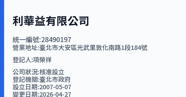 利華益有限公司的照片-統編 28490197(臺北市) 公司登記資料與營業項目詳細圖表