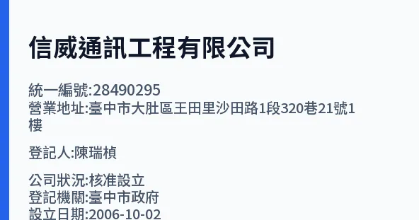 信威通訊工程有限公司的照片-統編 28490295(臺中市) 公司登記資料與營業項目詳細圖表