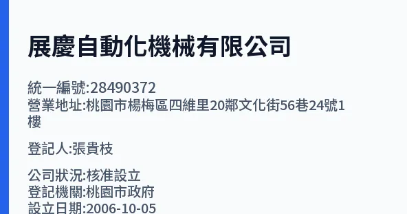 展慶自動化機械有限公司的照片-統編 28490372(桃園市) 公司登記資料與營業項目詳細圖表