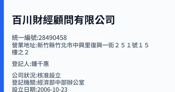 百川財經顧問有限公司的照片-統編 28490458(新竹縣) 公司登記資料與營業項目詳細圖表