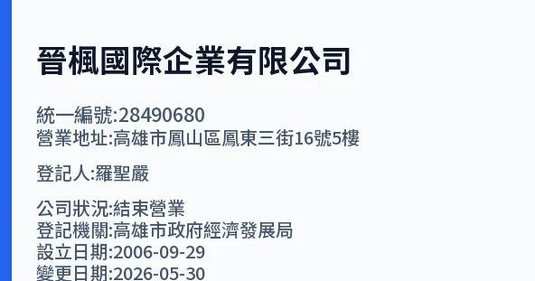 晉楓國際企業有限公司的照片-統編 28490680(高雄市) 公司登記資料與營業項目詳細圖表