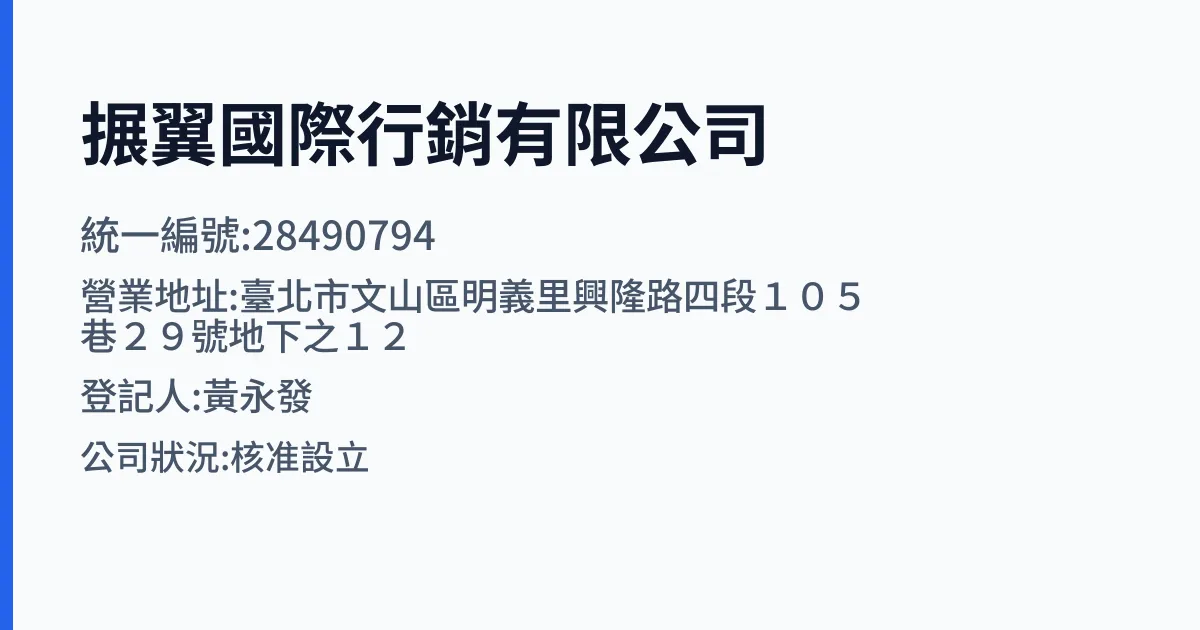 搌翼國際行銷有限公司 - 統編 28490794(臺北市) 公司登記資料與營業項目詳細圖表