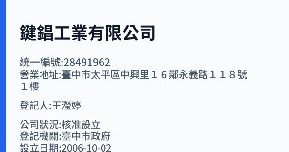 鍵錩工業有限公司的照片-統編 28491962(臺中市) 公司登記資料與營業項目詳細圖表