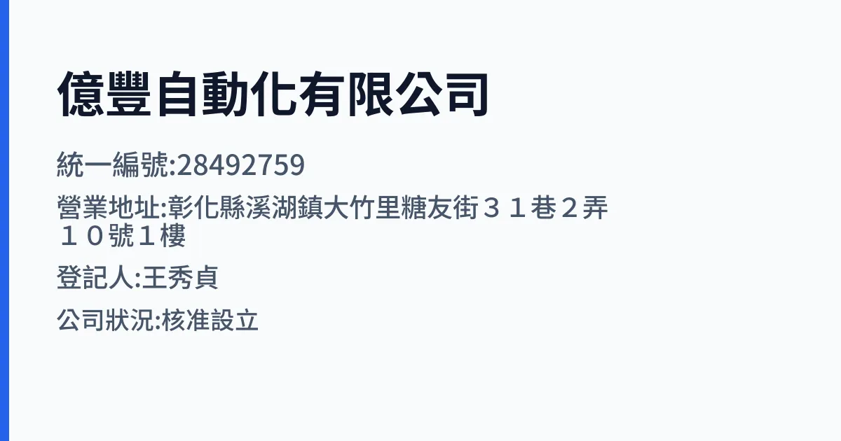 億豐自動化有限公司 - 統編 28492759(彰化縣) 公司登記資料與營業項目詳細圖表