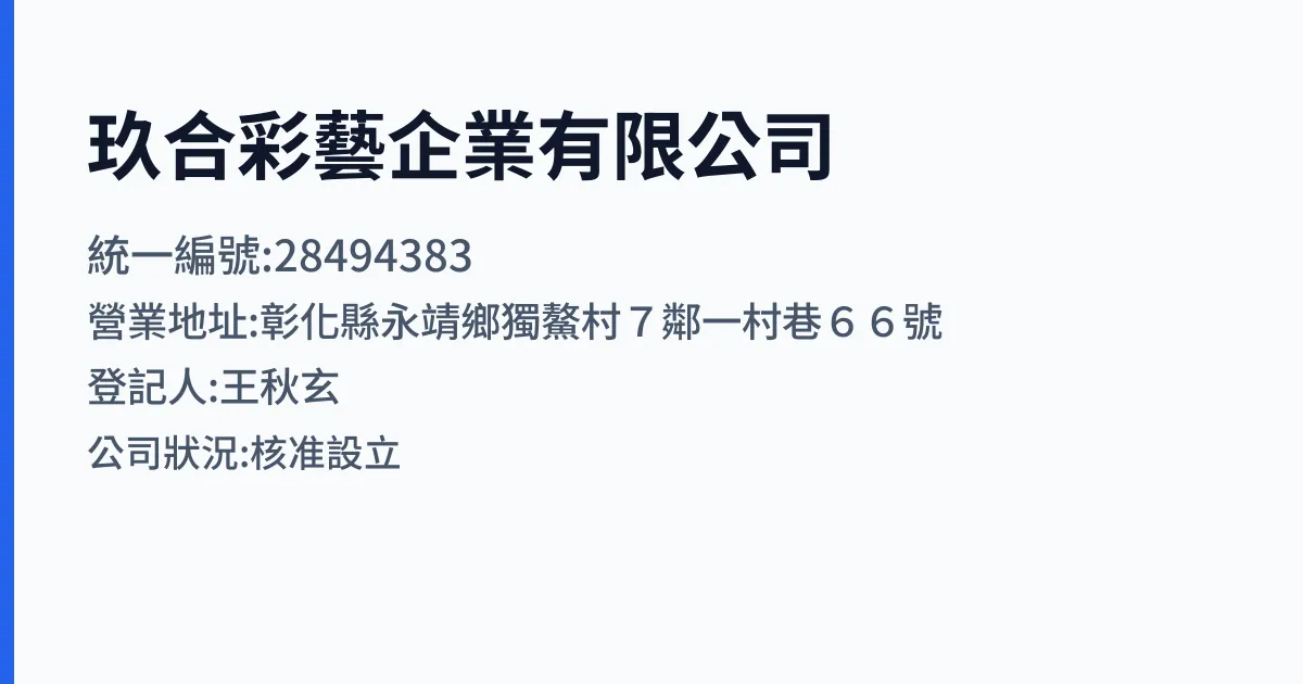 玖合彩藝企業有限公司 - 統編 28494383(彰化縣) 公司登記資料與營業項目詳細圖表