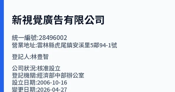 新視覺廣告有限公司的照片-統編 28496002(雲林縣) 公司登記資料與營業項目詳細圖表